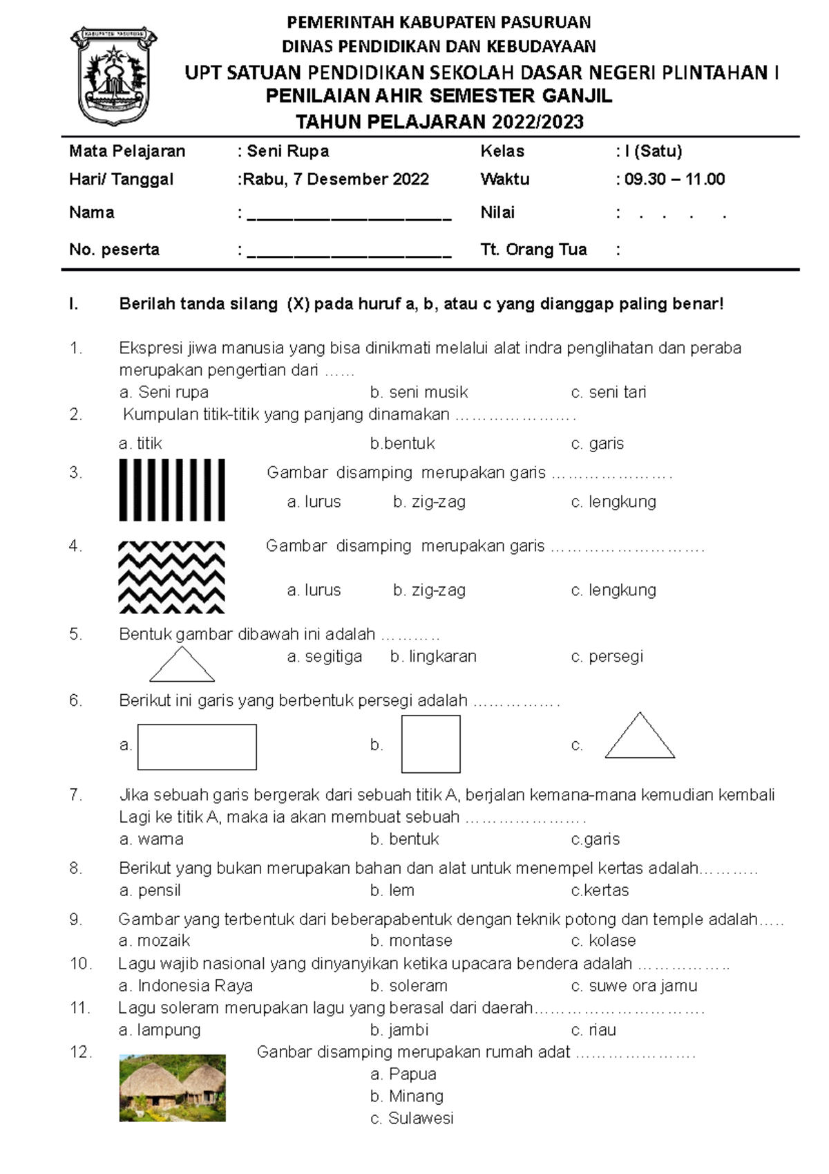 PAS SENI RUPA Kelas 1 SEM 1 - PEMERINTAH KABUPATEN PASURUAN DINAS PENDIDIKAN DAN KEBUDAYAAN UPT ...