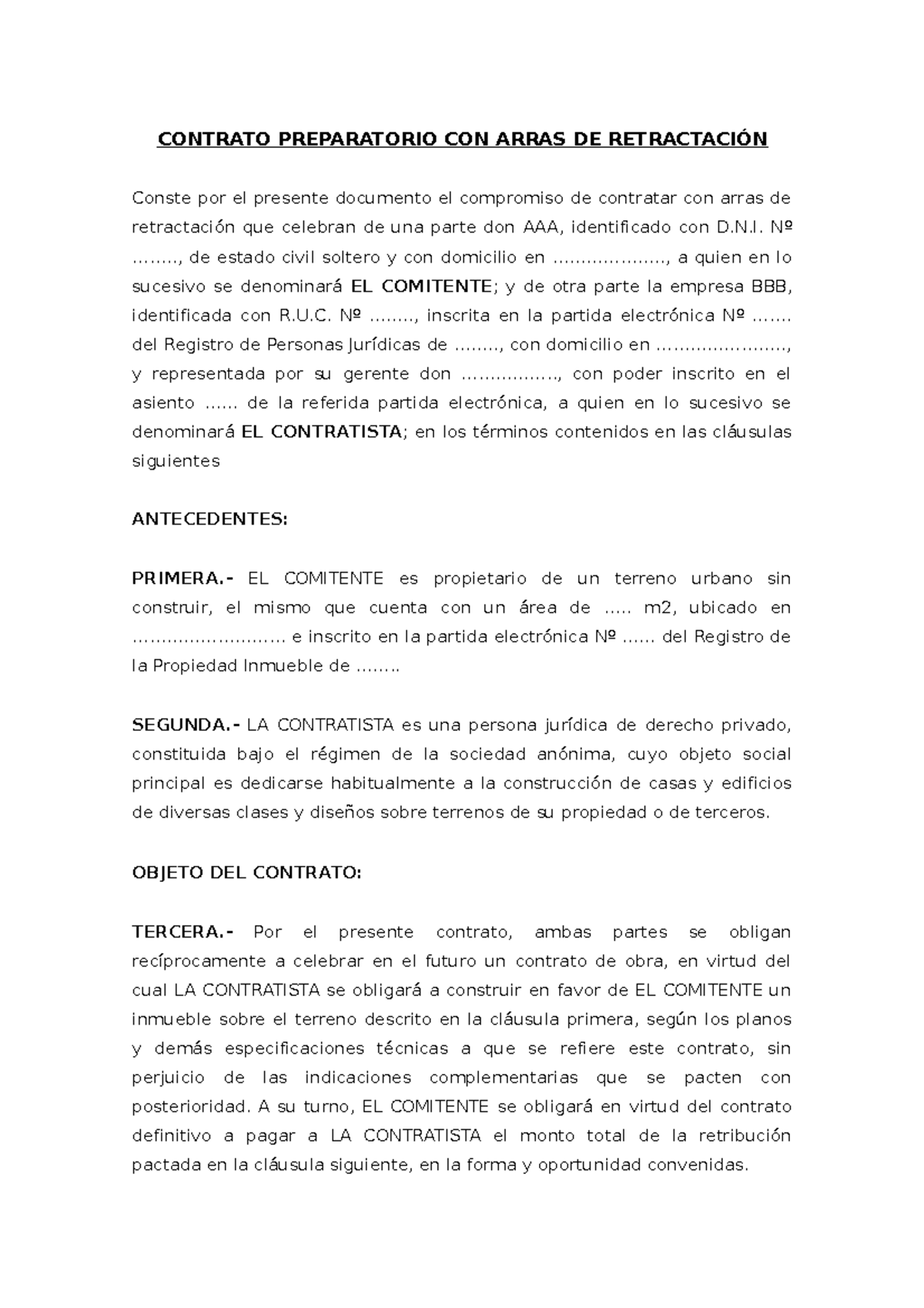 Modelo DE Contrato Preparatorio CON Arras DE Retractación - CONTRATO PREPARATORIO CON ARRAS DE ...
