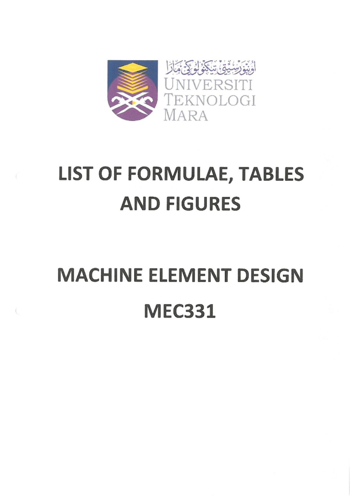 List of formulae, tables and figures - Machine Element Design I - Studocu