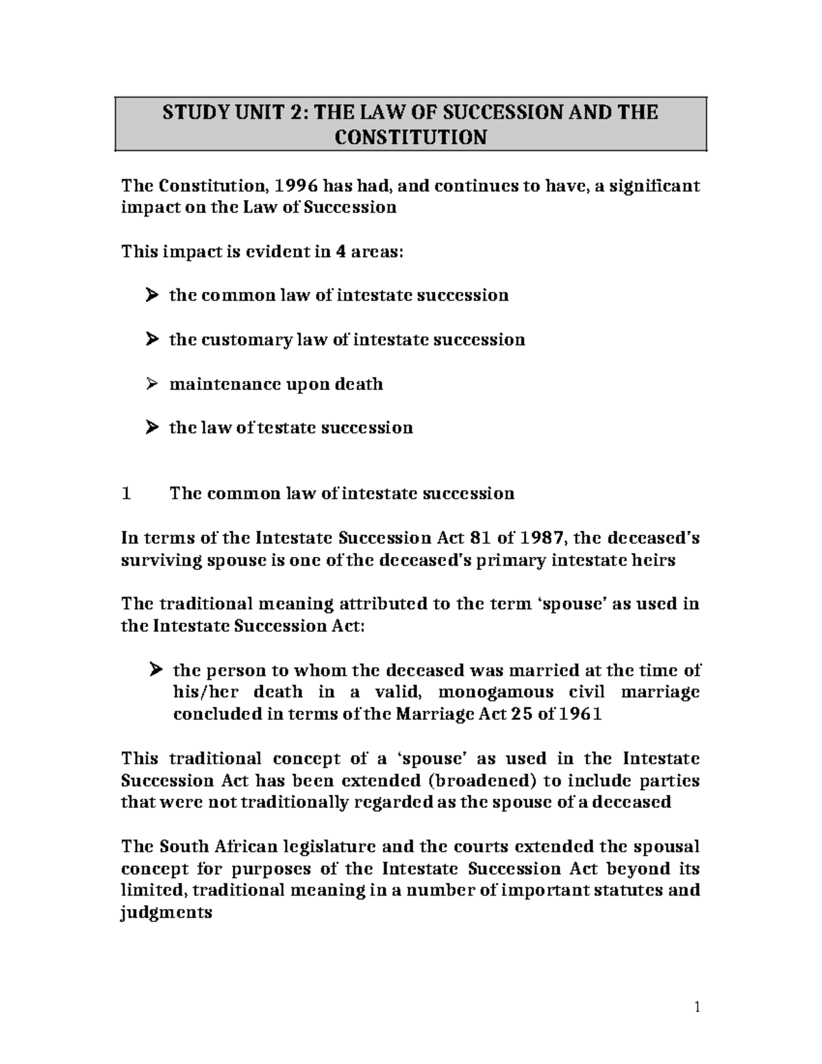 succession lecture slides - STUDY UNIT 2: THE LAW OF SUCCESSION AND THE ...