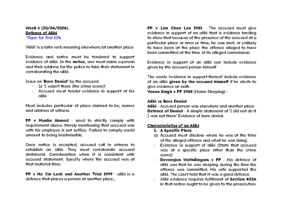 Alibi Lecture Notes - Week 6 (30/04/2024) Defence of Alibi *Topic for ...