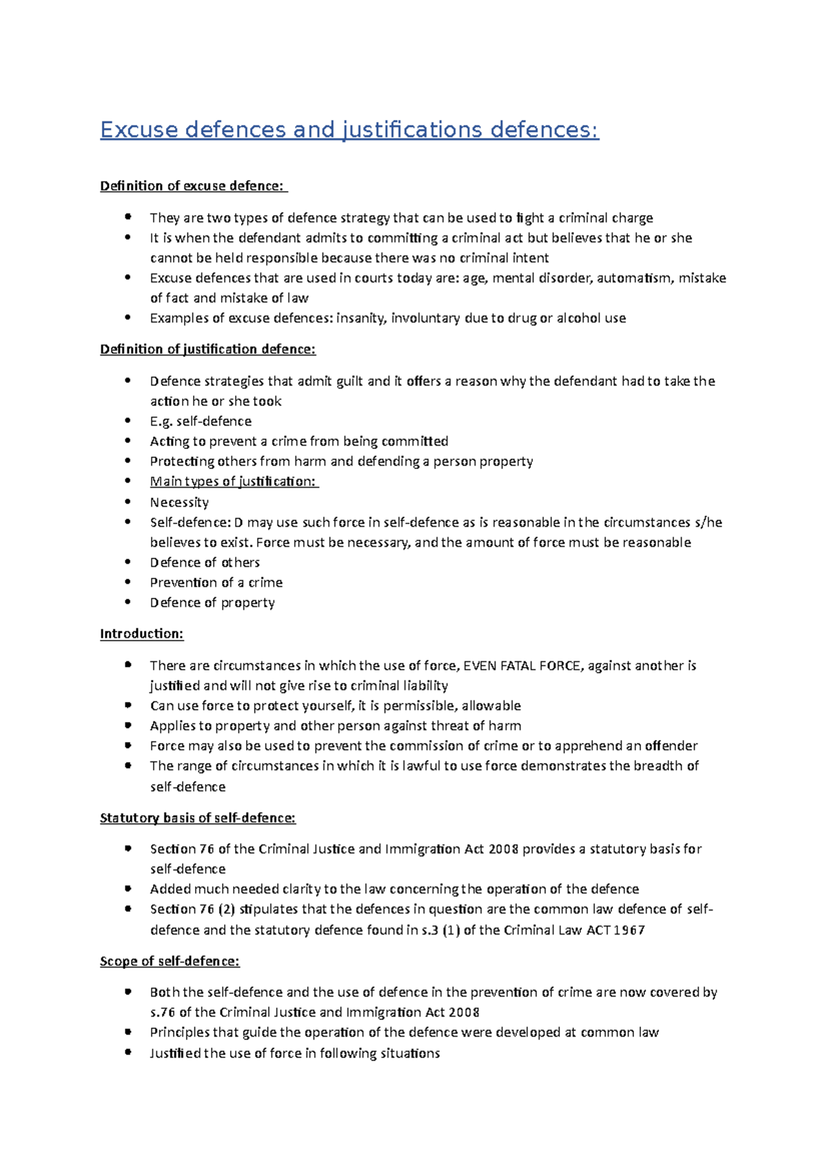 Lecture 10 self-defence - Excuse defences and justifications defences ...