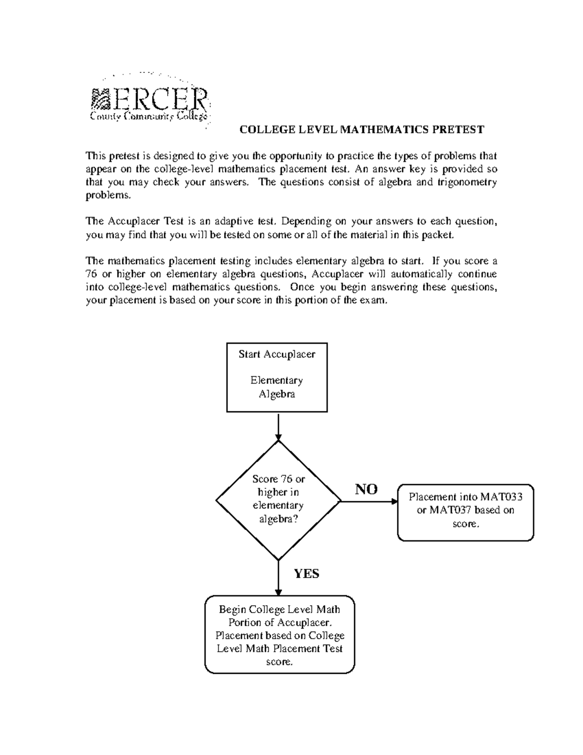 Pretest college-math 140 - ####### COLLEGE LEVEL MATHEMATICS PRETEST ...