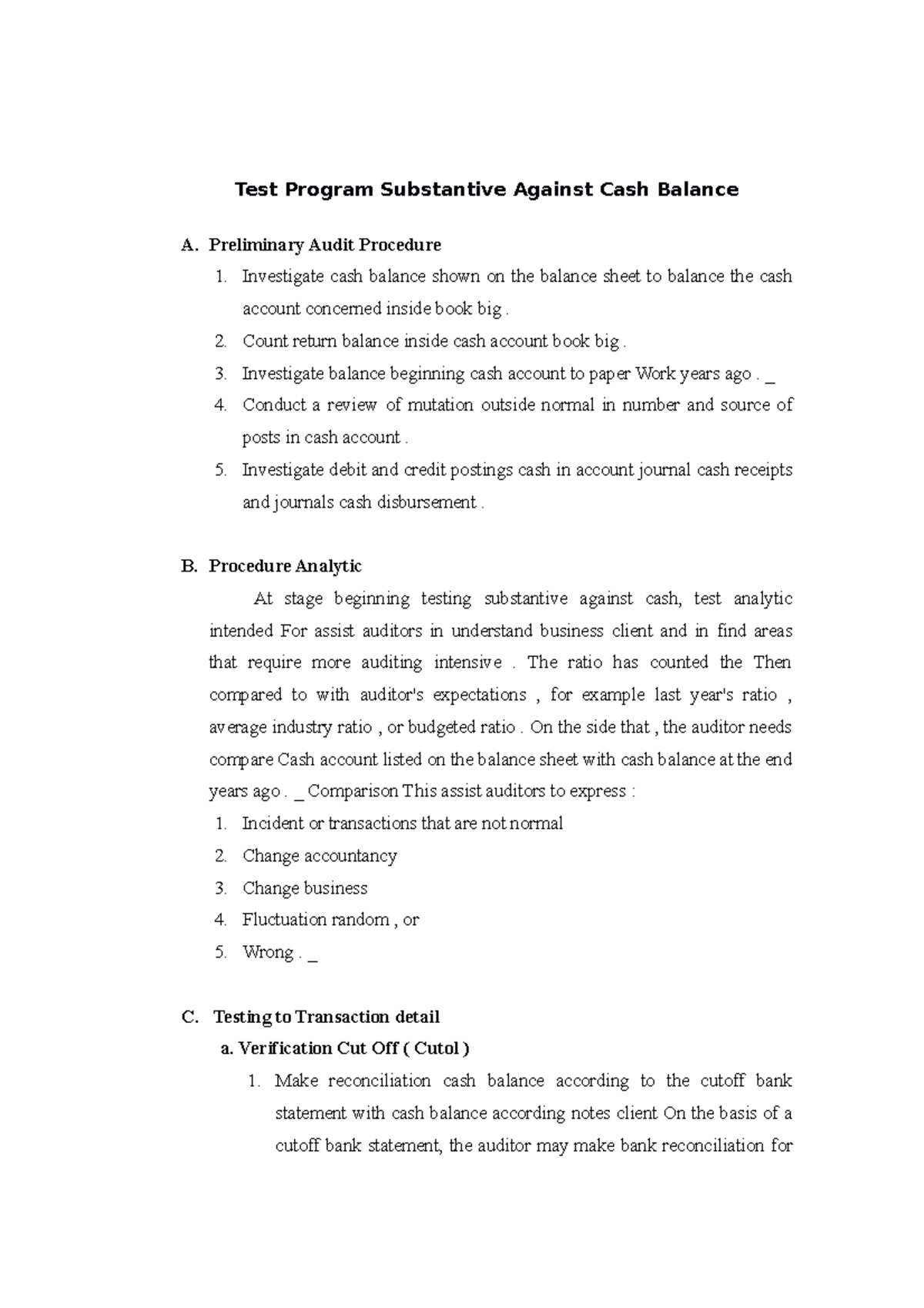 Test Program Substantive Against Cash Balance - Preliminary Audit ...