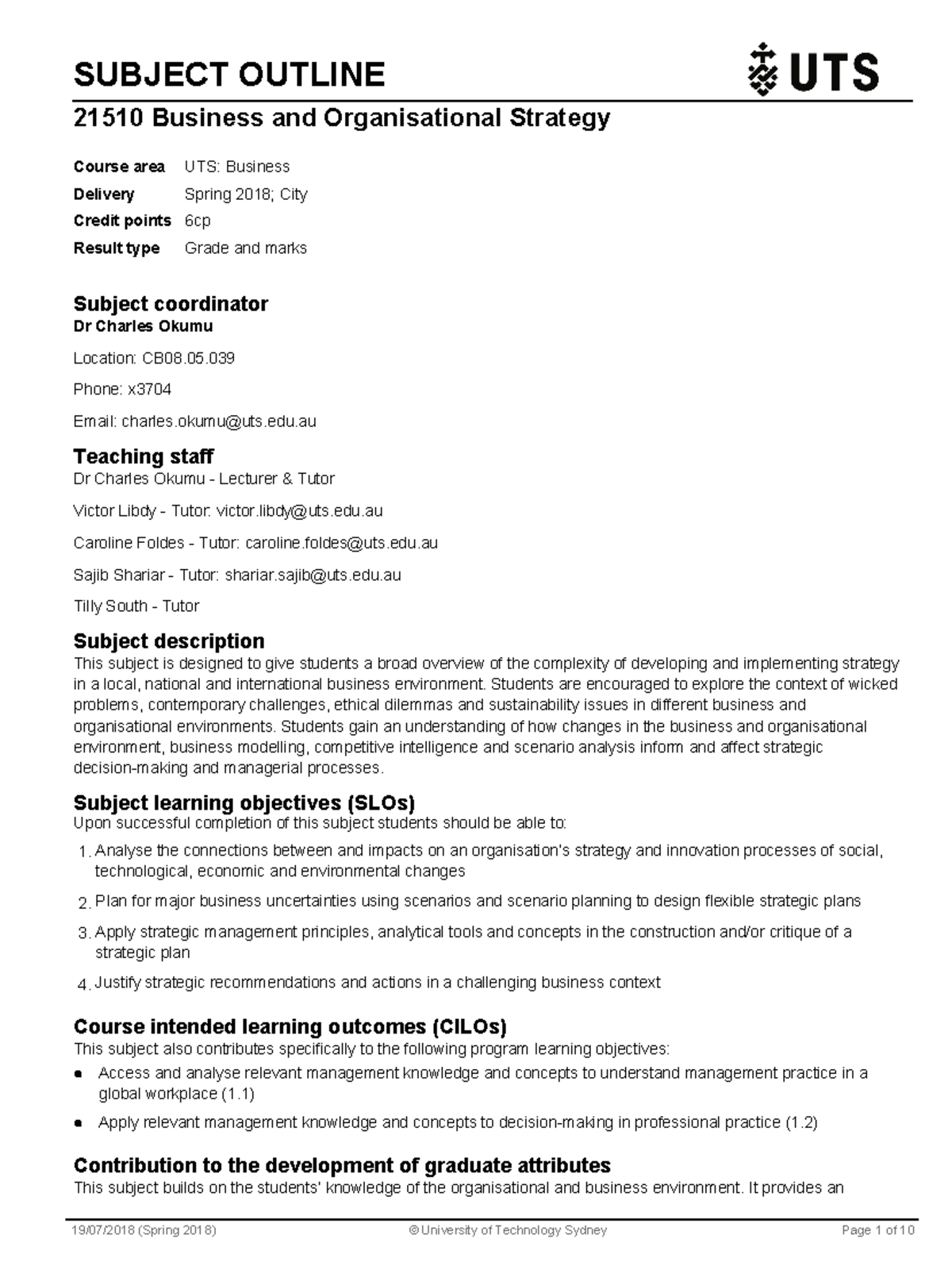 BOS outline - Summary Integrating Business Perspectives - SUBJECT ...
