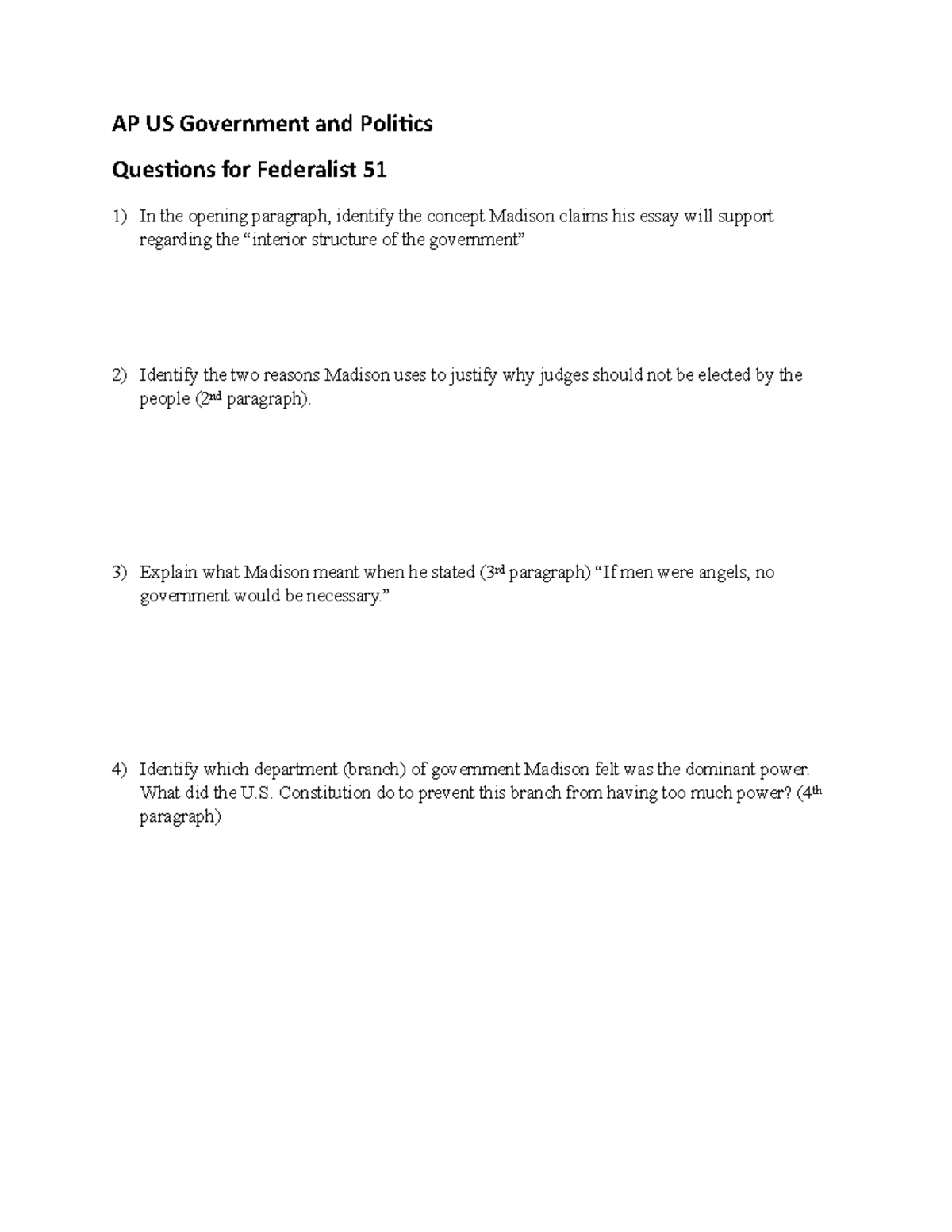Federalist 51 - Questions - AP US Government and Poli 2 cs Ques 2 ons ...
