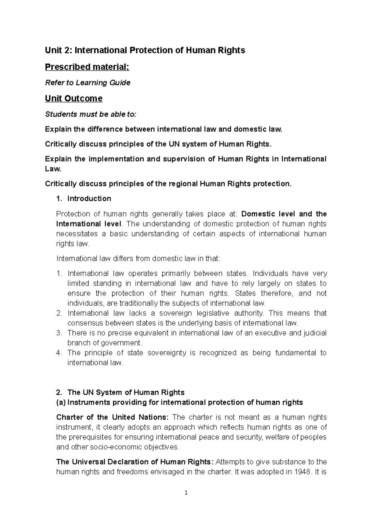 Unit 2 lecture 2 hrl 2 - Unit 2: International Protection of Human ...