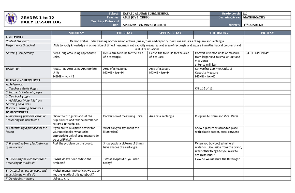 DLL Mathematics 3 Q4 W4 - none - GRADES 1 to 12 DAILY LESSON LOG School ...