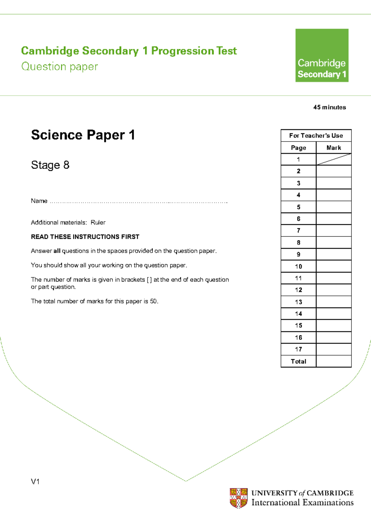 Secondary Progression Test Stage 8 Science Paper 1 - 45 minutes Science ...