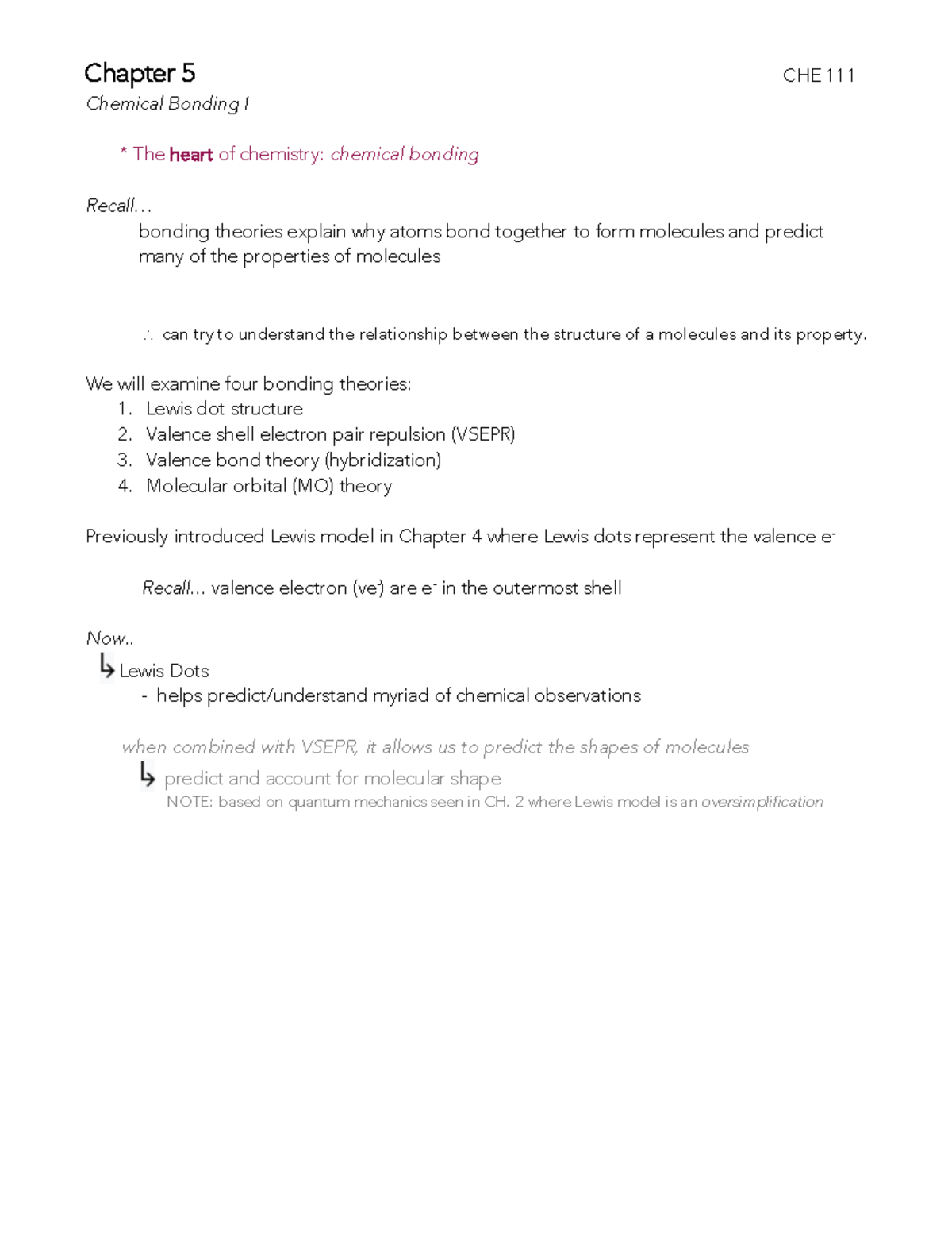 C111 Ch 5-5.5 B Notes - Chem - Chapter 5 CHE 111 Chemical Bonding I ...
