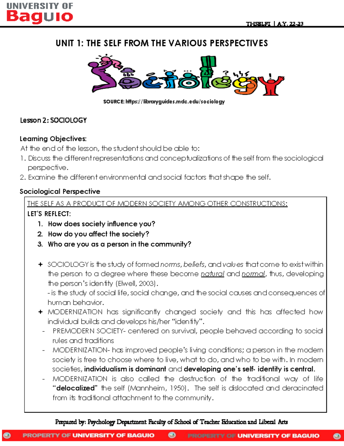 L2 Sociology-1 - jbscjhbkxsjc - UNIT 1: THE SELF FROM THE VARIOUS ...