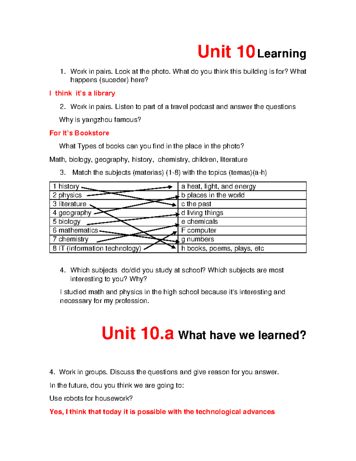 Unit 10 Learning - CAPITULO 10 - Unit 10 Learning Work in pairs. Look ...