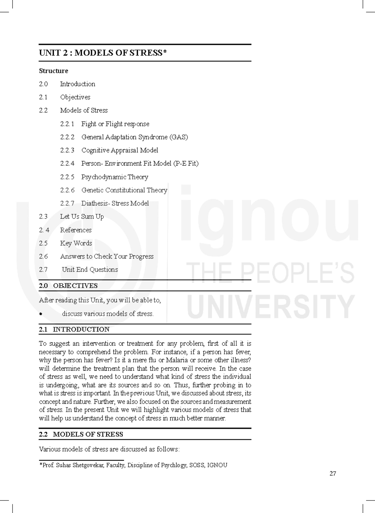 Unit-2 - UNIT 2 : MODELS OF STRESS* Structure 2 Introduction 2 Objectives 2 Models of Stress 2.2 ...