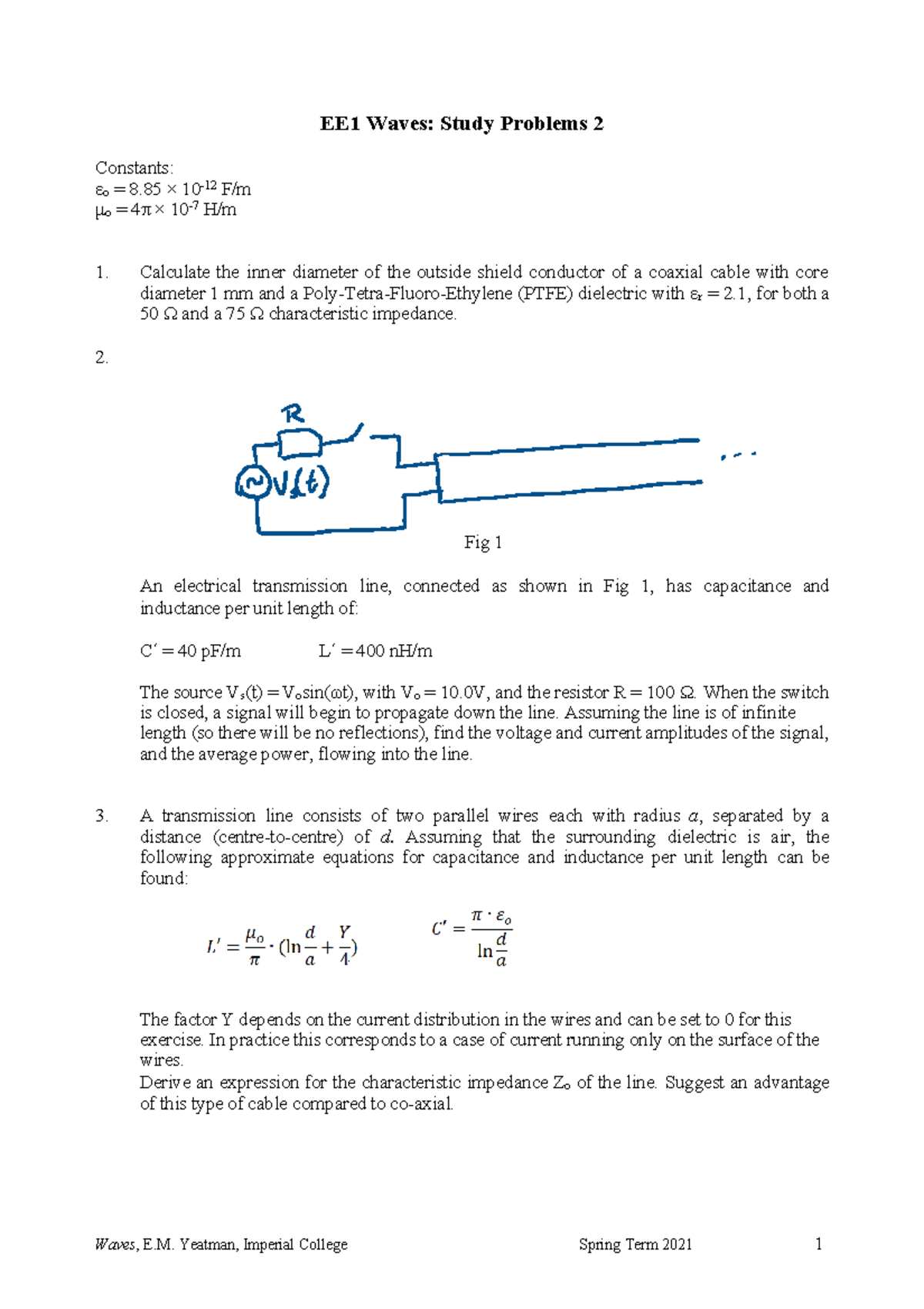 EE1 Waves 2021 Problems 2 - Waves , E. Yeatman, Imperial College Spring ...