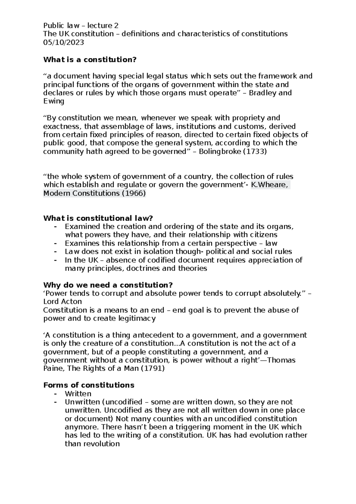 Lecture 2- What is a constitution - Public law – lecture 2 The UK constitution – definitions and ...