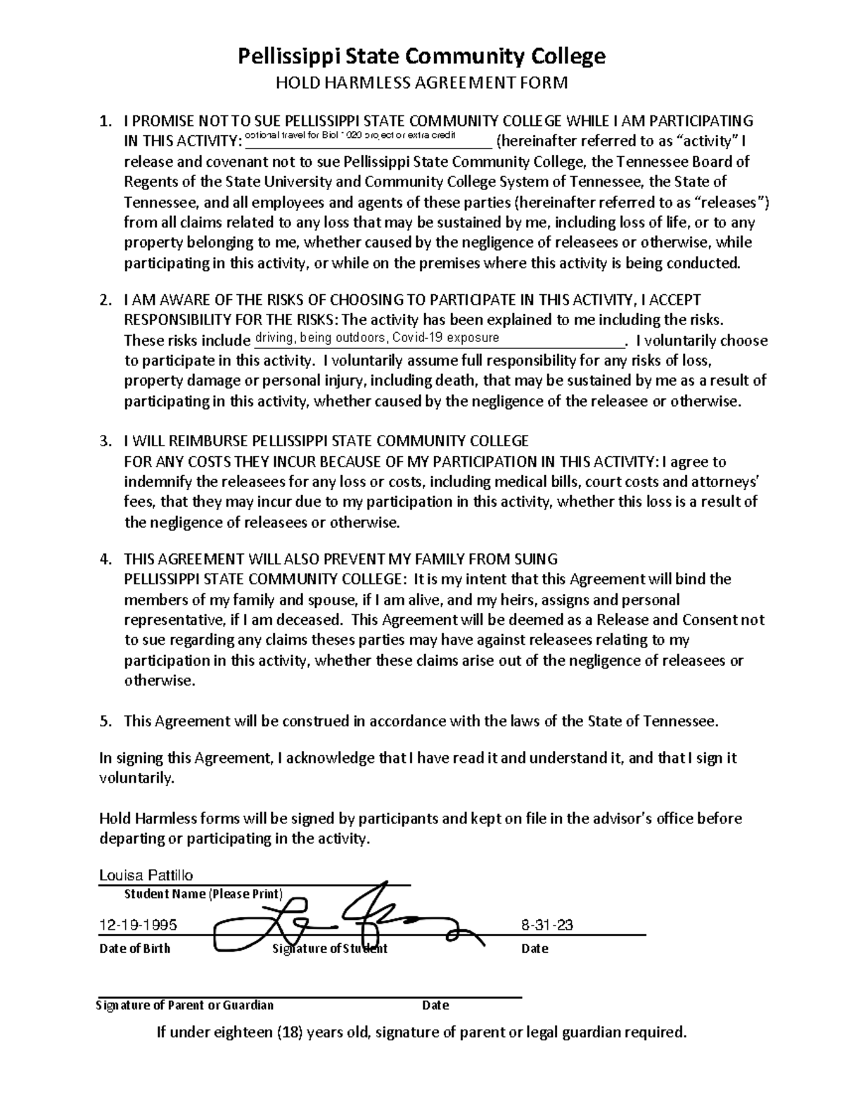 Hold Harmless Form for Bio 2 - Pellissippi State Community College HOLD ...