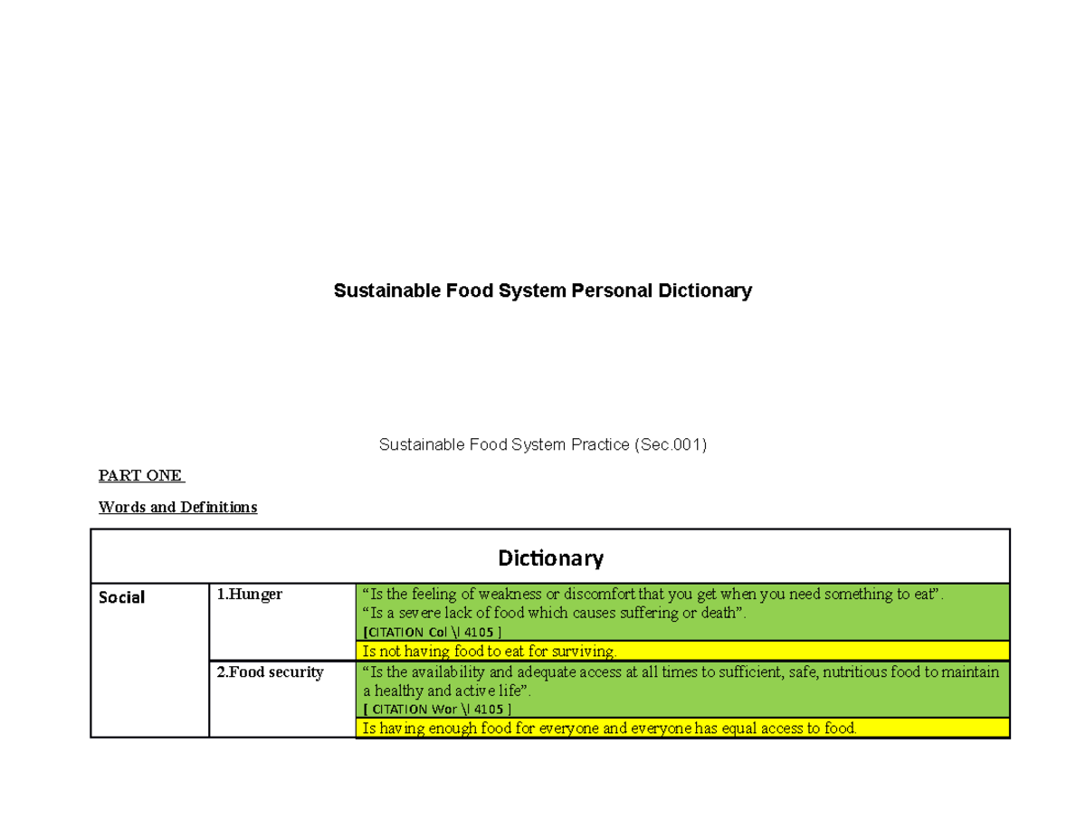 Dictionary Assignment - Sustainable Food System Personal Dictionary ...
