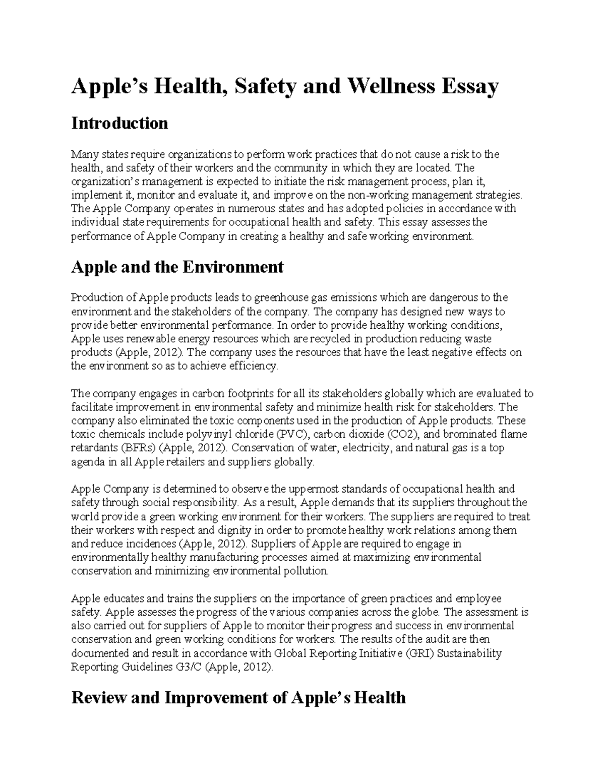Apple’s Health, Safety and Wellness Essay - Apple’s Health, Safety and ...