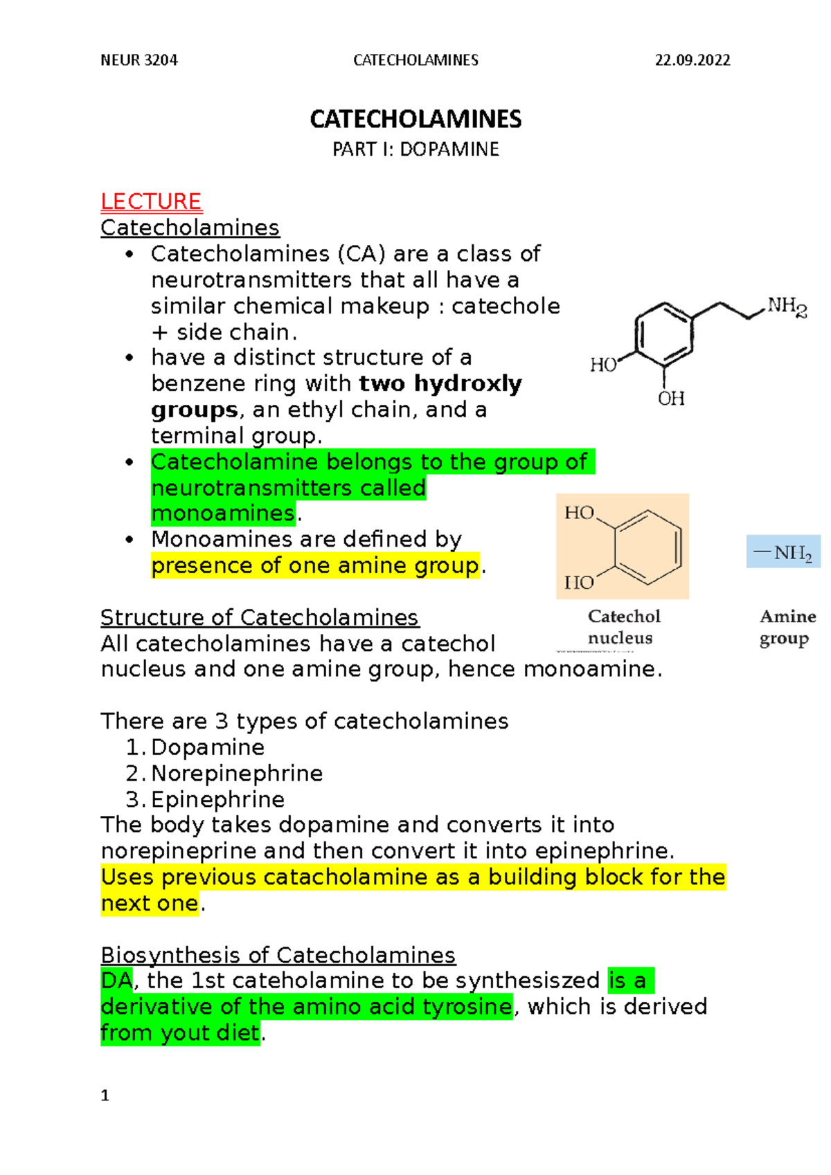 3. Catecholamines - Dopamine - CATECHOLAMINES PART I: DOPAMINE LECTURE ...