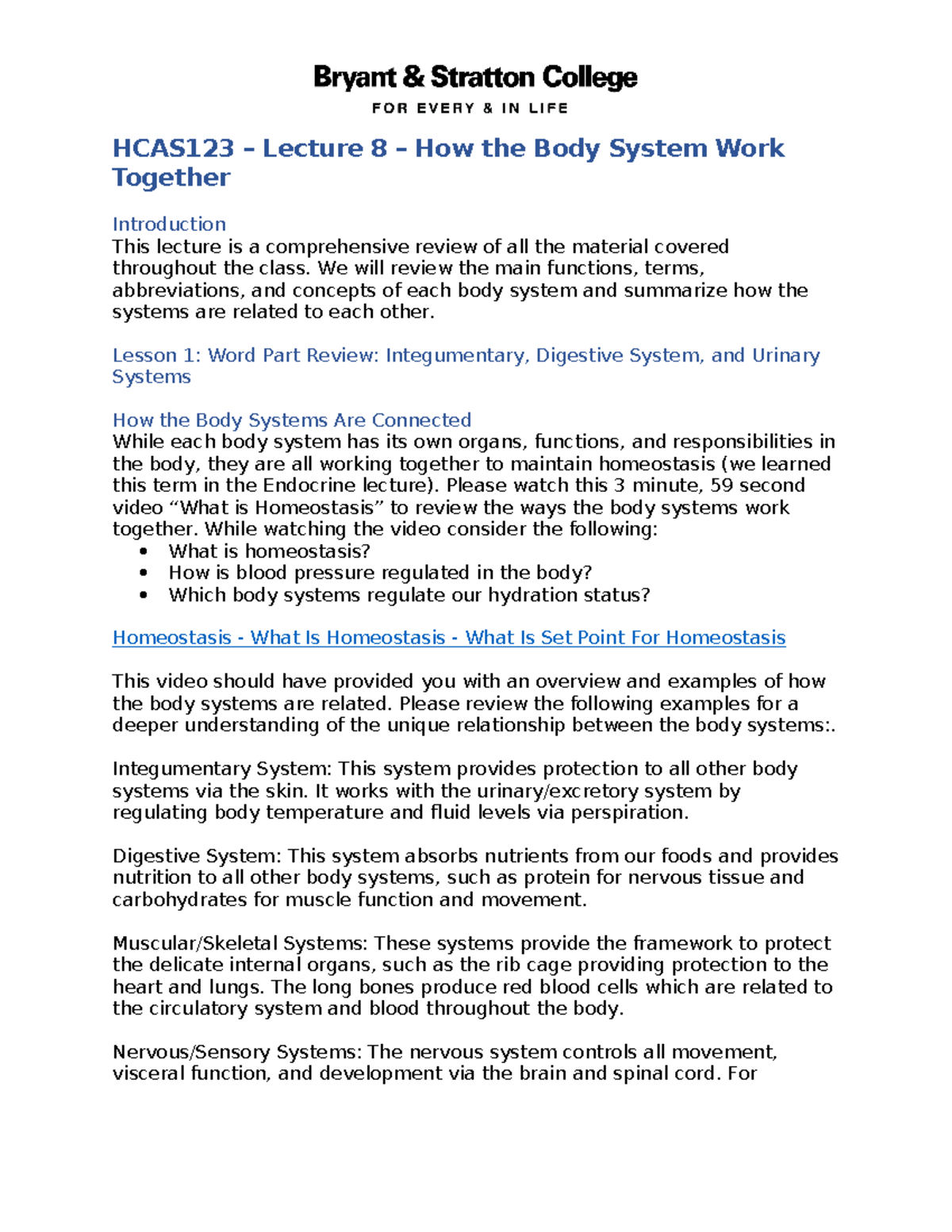 HCAS123 - Lecture 8 - How the Body Systems Work Together - HCAS123 ...