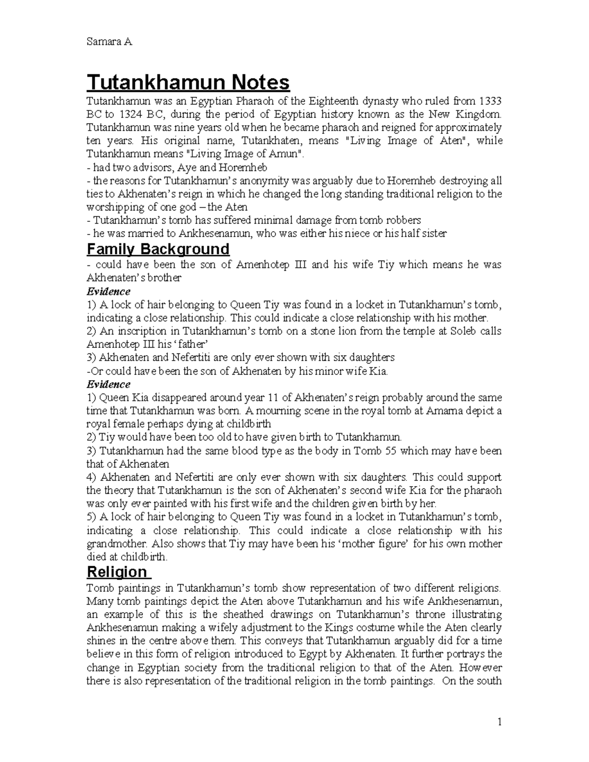 Ancient History Notes - Samara A Tutankhamun Notes Tutankhamun was an ...