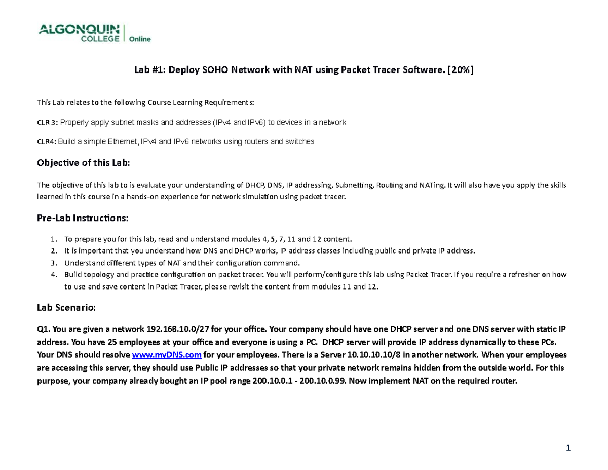CST8109 Lab #1 Instructions - Lab #1: Deploy SOHO Network with NAT using Packet Tracer Software ...