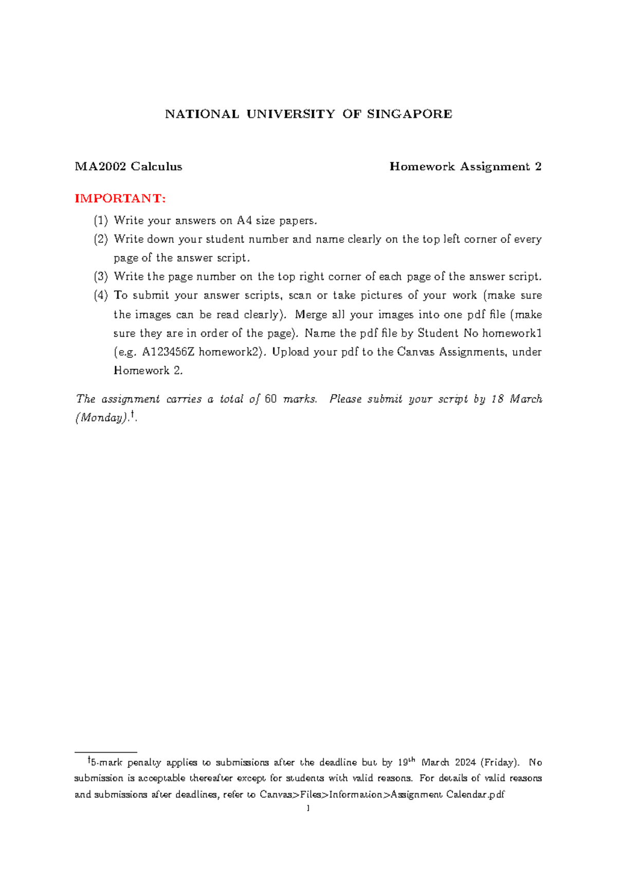 MA2002 Hmk2-2024 - NATIONAL UNIVERSITY OF SINGAPORE MA2002 Calculus Homework Assignment 2 ...