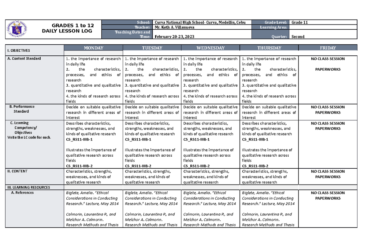 DLL in PR1- Week 2 - Daily Lesson Log - GRADES 1 to 12 DAILY LESSON LOG ...