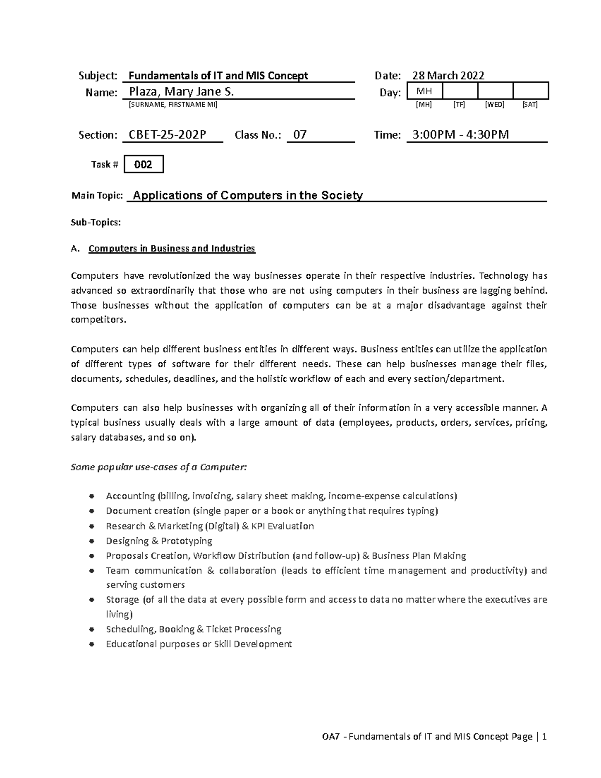 Task 2 25 202p 07 Plaza Mary Jane Mh 343pm Subject Fundamentals Of It And Mis Concept Date 
