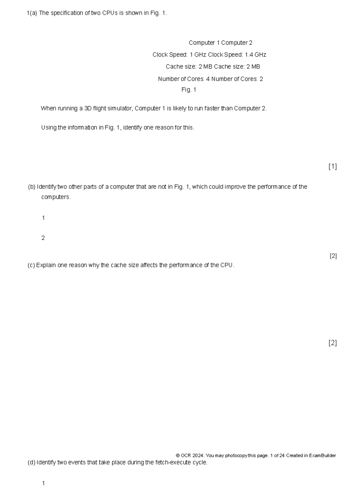 J27701 Computer Systems Specimen - 1(a) The specification of two CPUs ...
