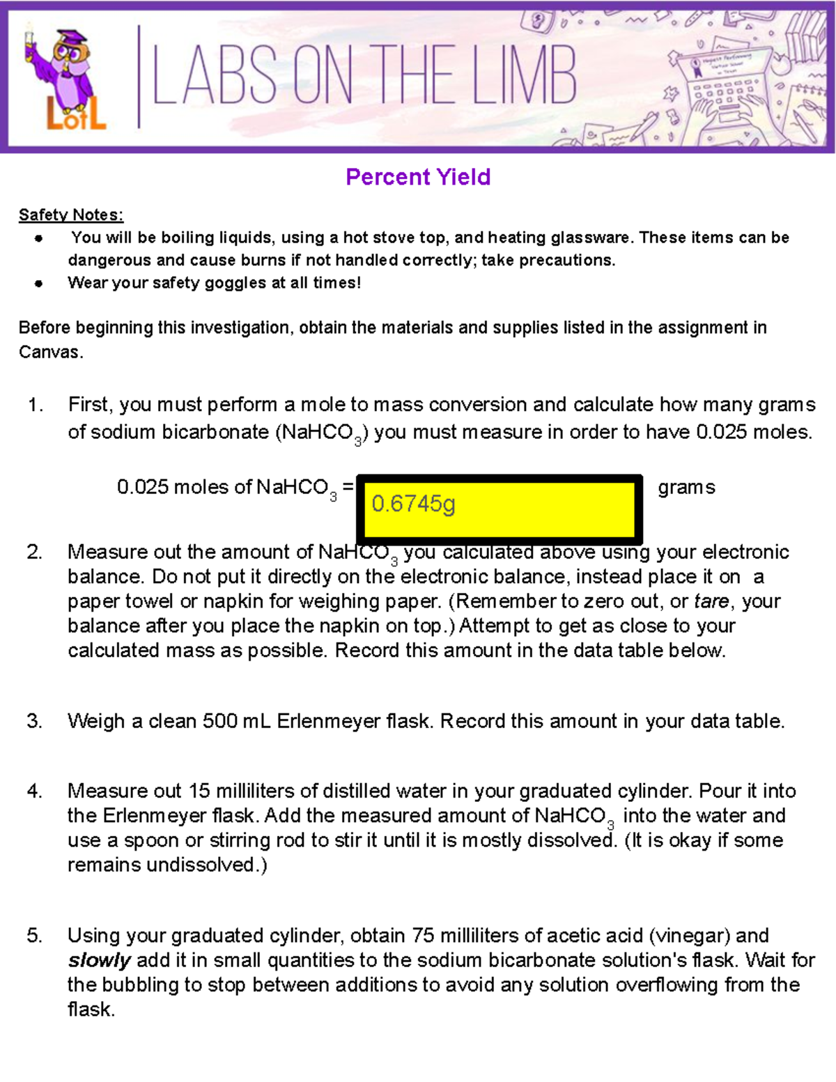 Stoichiometry Percent Yield - Percent Yield Safety Notes: You will be ...