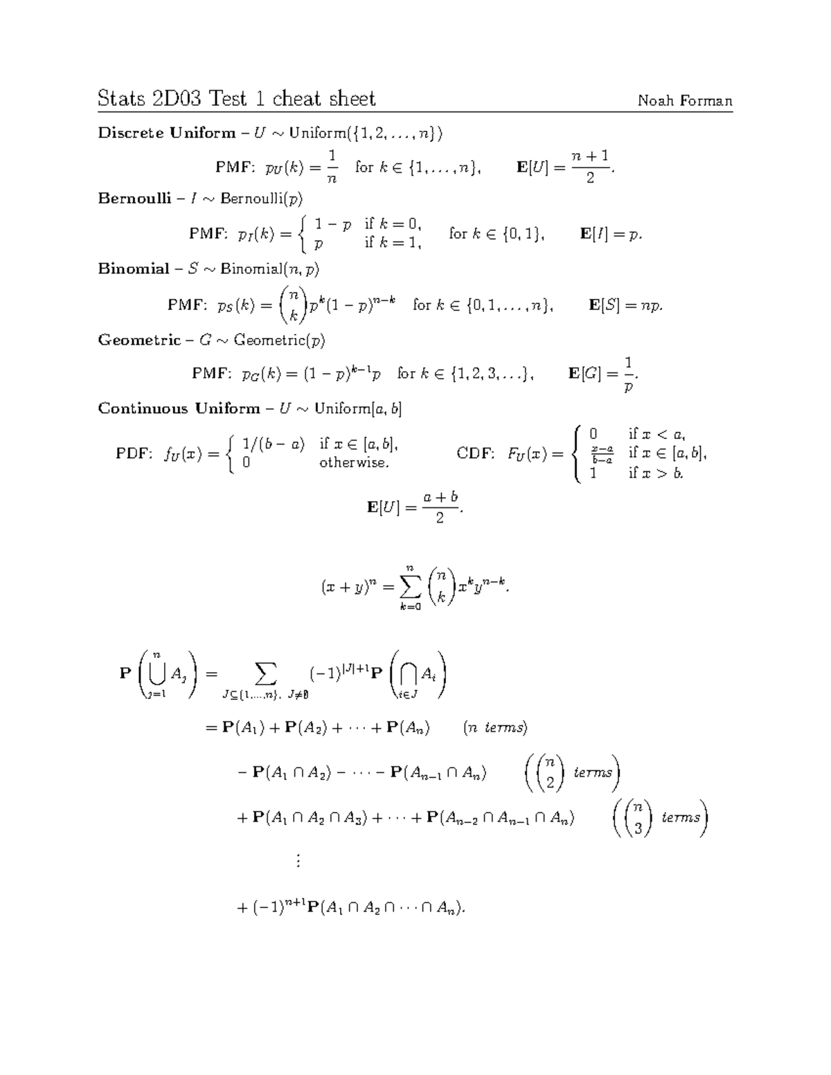 Test 1 cheat sheet - Gygjhg - Stats 2D03 Test 1 cheat sheet Noah Forman ...