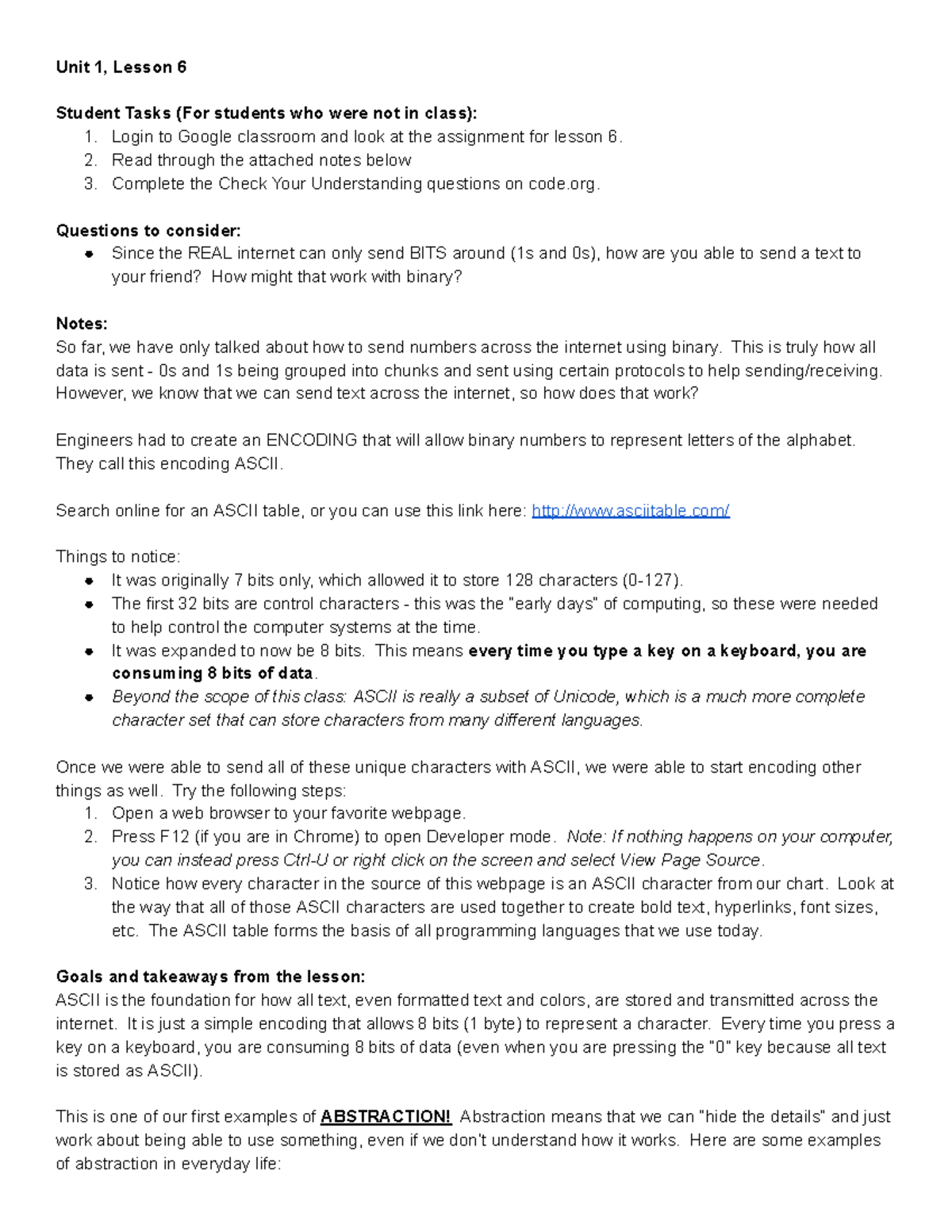Ascii - Unit 1, Lesson 6 Student Tasks (For students who were not in class): 1. Login to Google ...