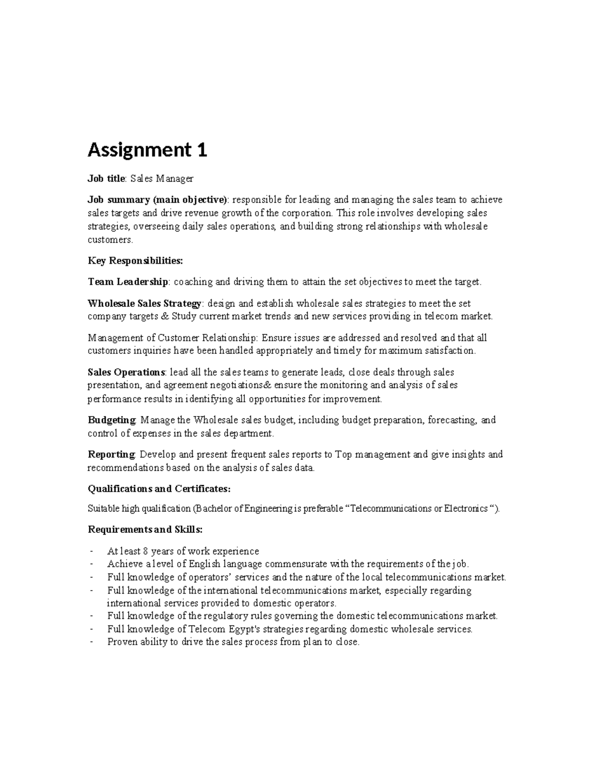HR Assignements 2024 - solved assignment - Assignment 1 Job title: Sales Manager Job summary ...