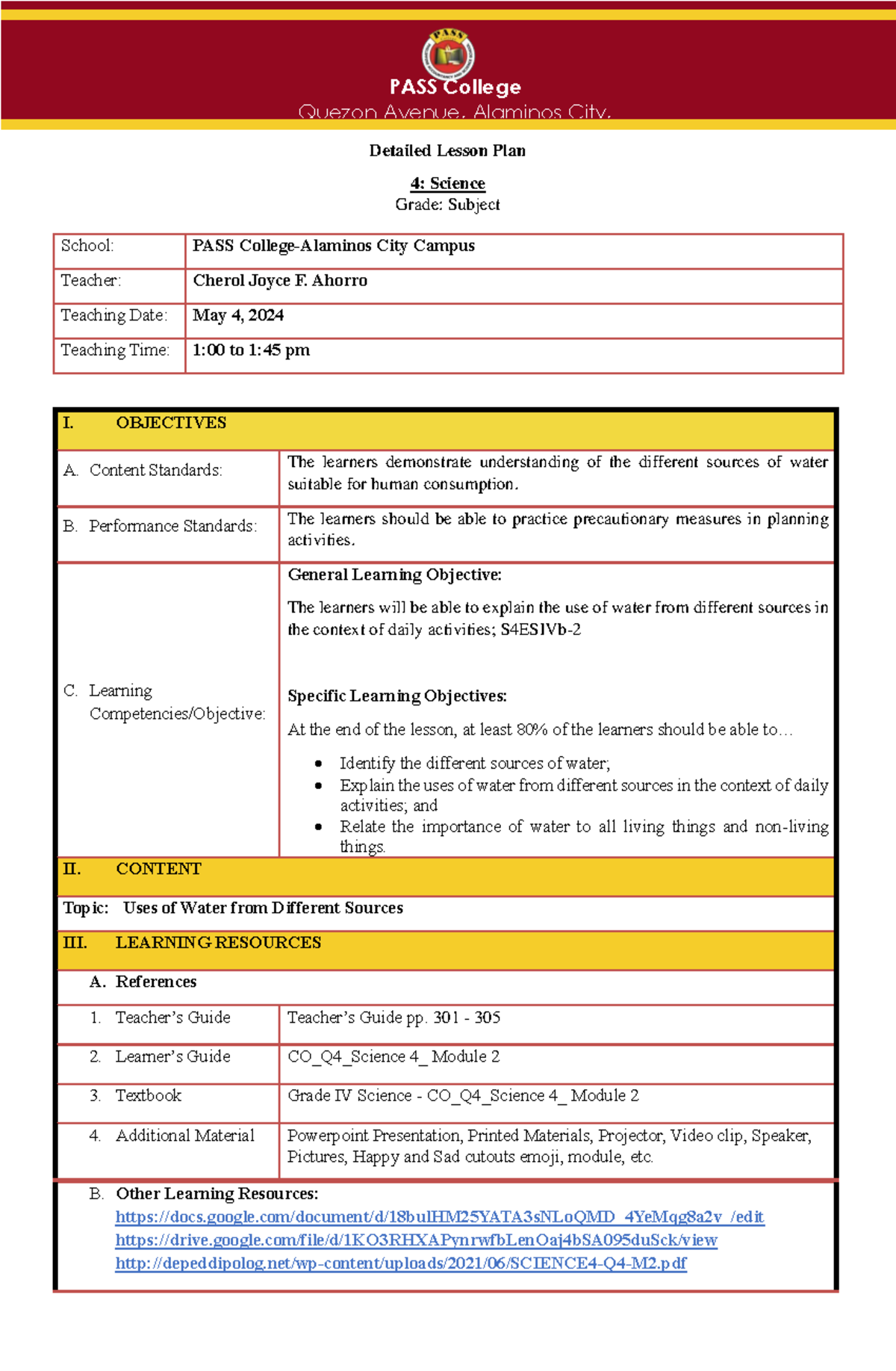 Science 4 DLP Sources OF Water Final - Detailed Lesson Plan 4: Science ...