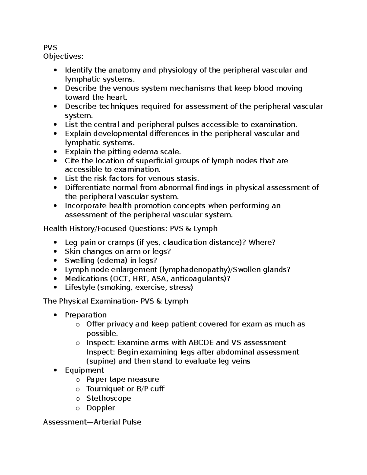 NU215 PVS Notes - Saska - PVS Objectives: Identify the anatomy and ...