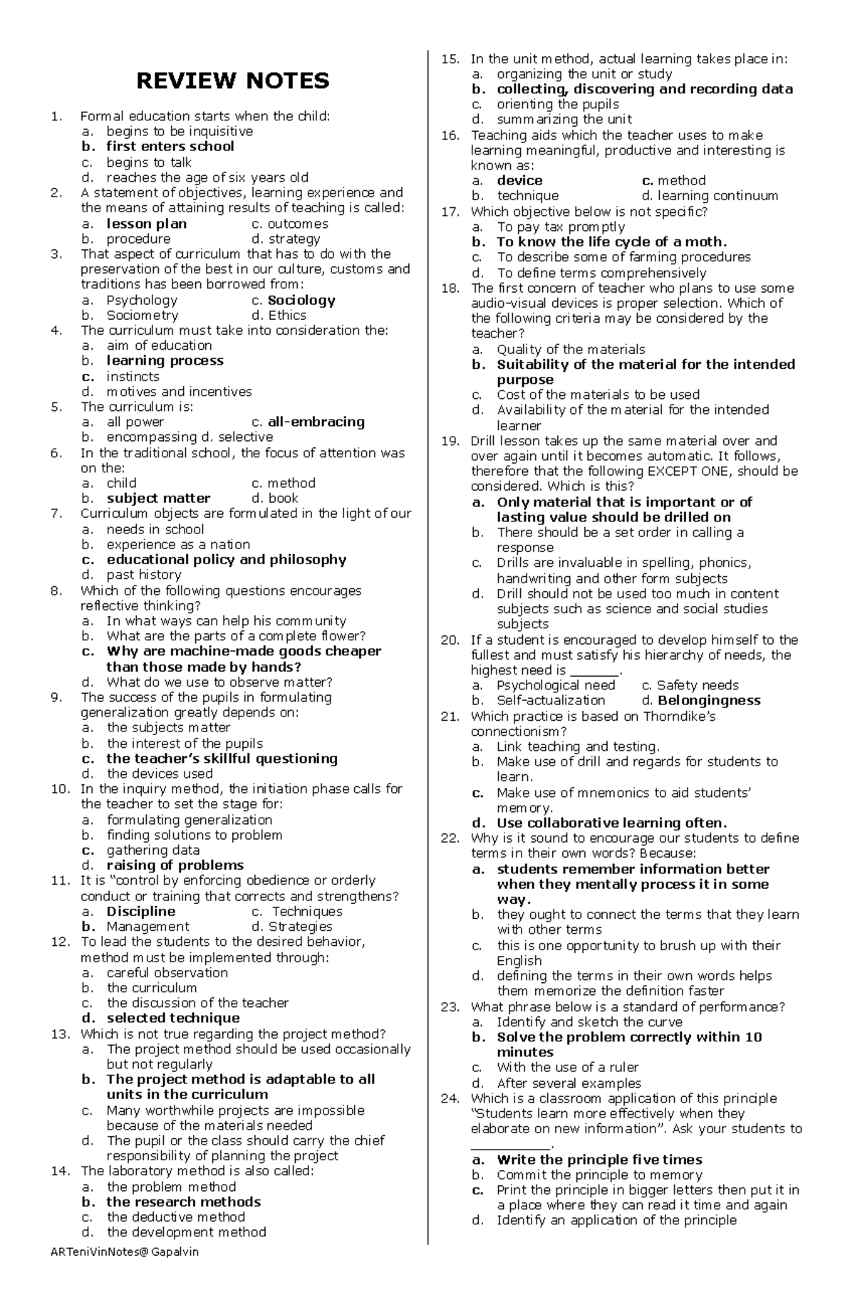 Review- Notes - REVIEW NOTES 1. Formal education starts when the child ...