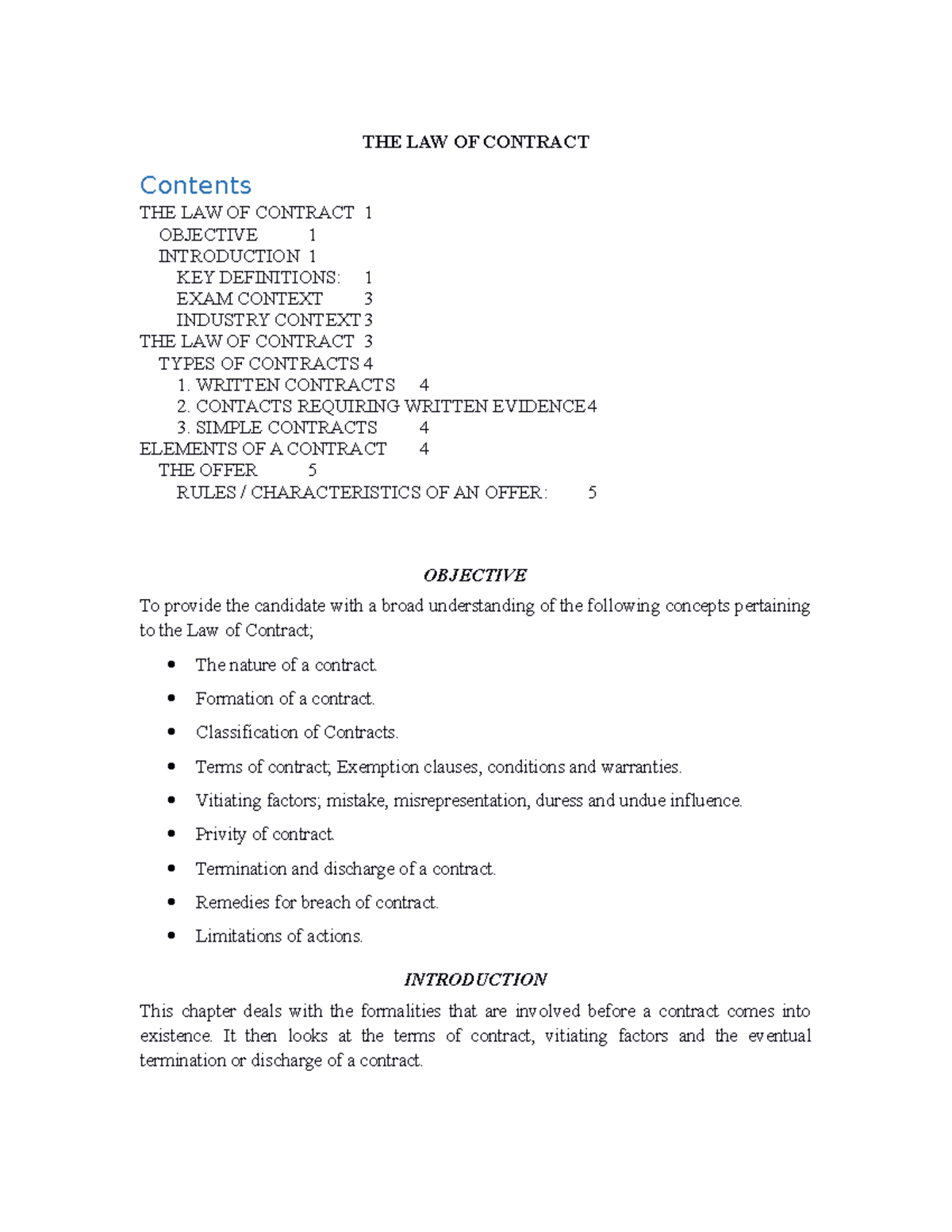 Contract LAW- Short Notes Contract - THE LAW OF CONTRACT Contents THE ...