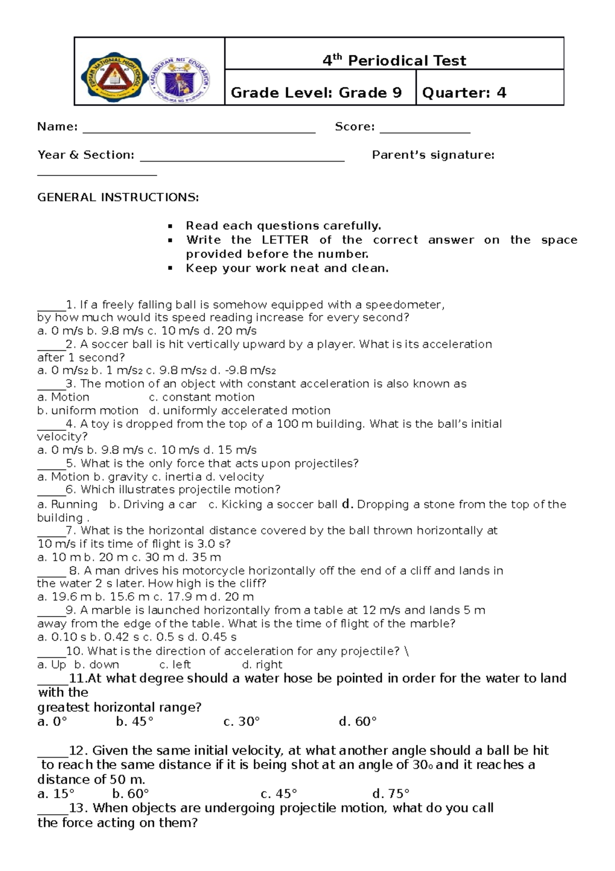 4th Periodical TEST Grade 9 Sience 2023 4 Th Periodical Test Grade
