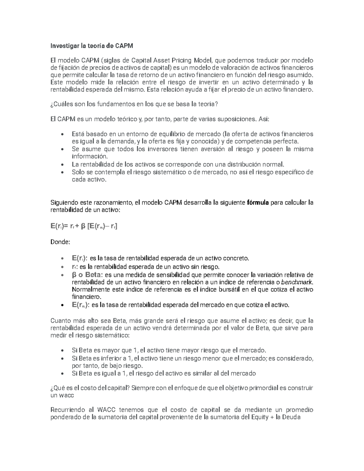 Costo Capital - Investigar la teoría de CAPM El modelo CAPM (siglas de ...