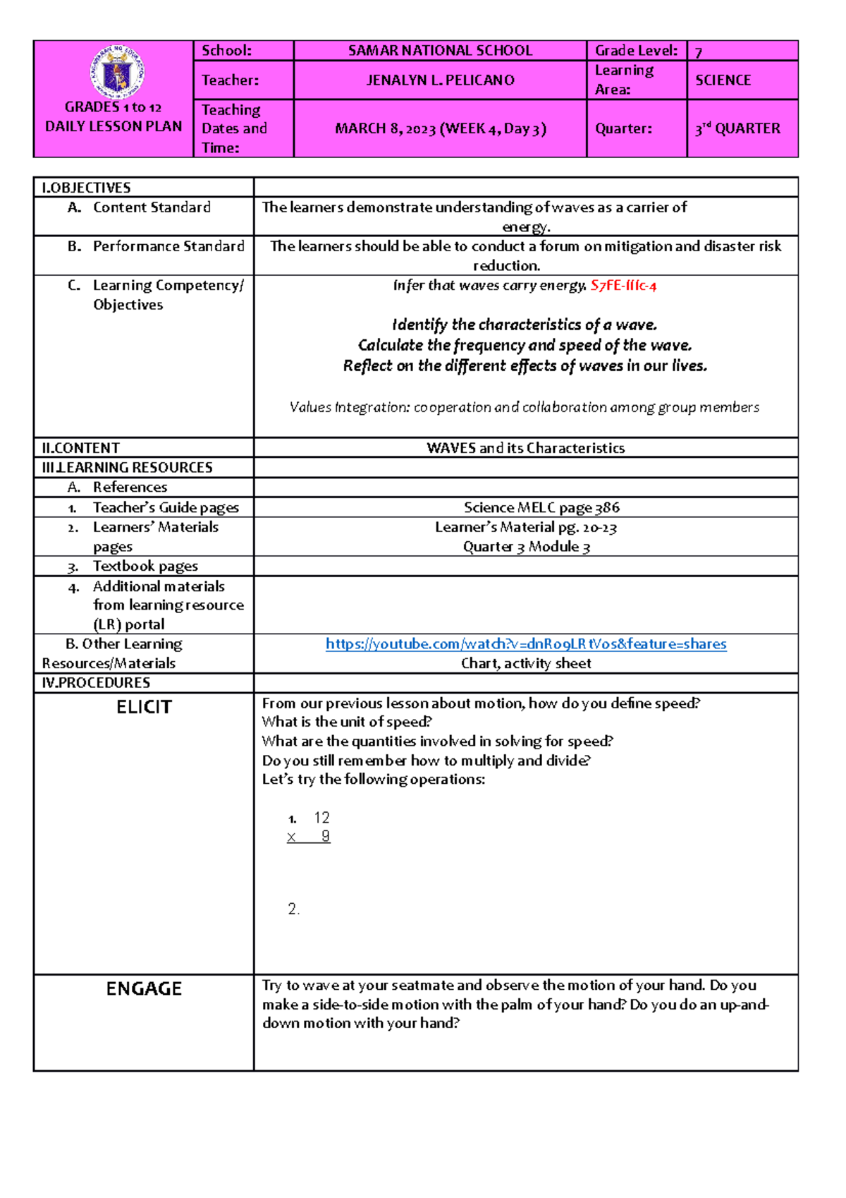 Frequency - Speed - Characteristics of Wave - GRADES 1 to 12 DAILY ...