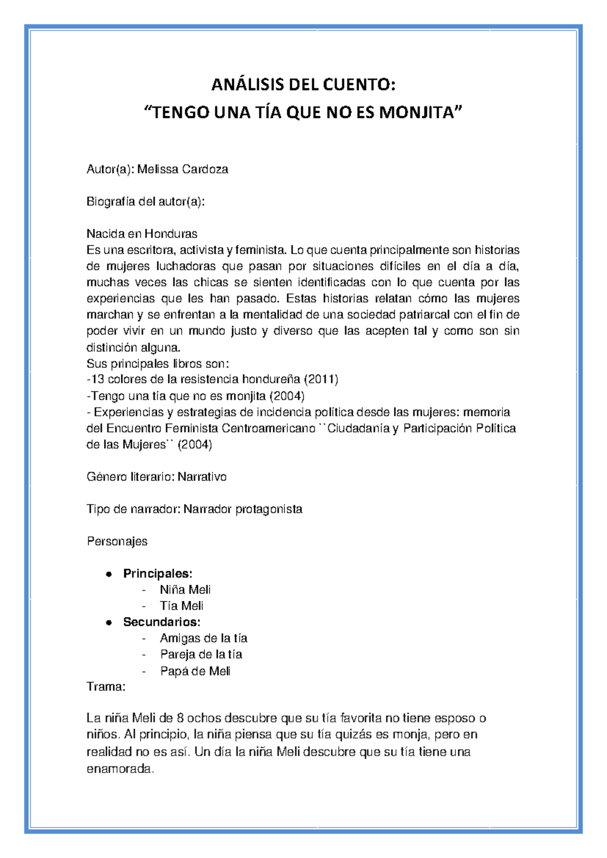 Analisis DEL Cuento - ANÁLISIS DEL CUENTO: “TENGO UNA TÍA QUE NO ES ...