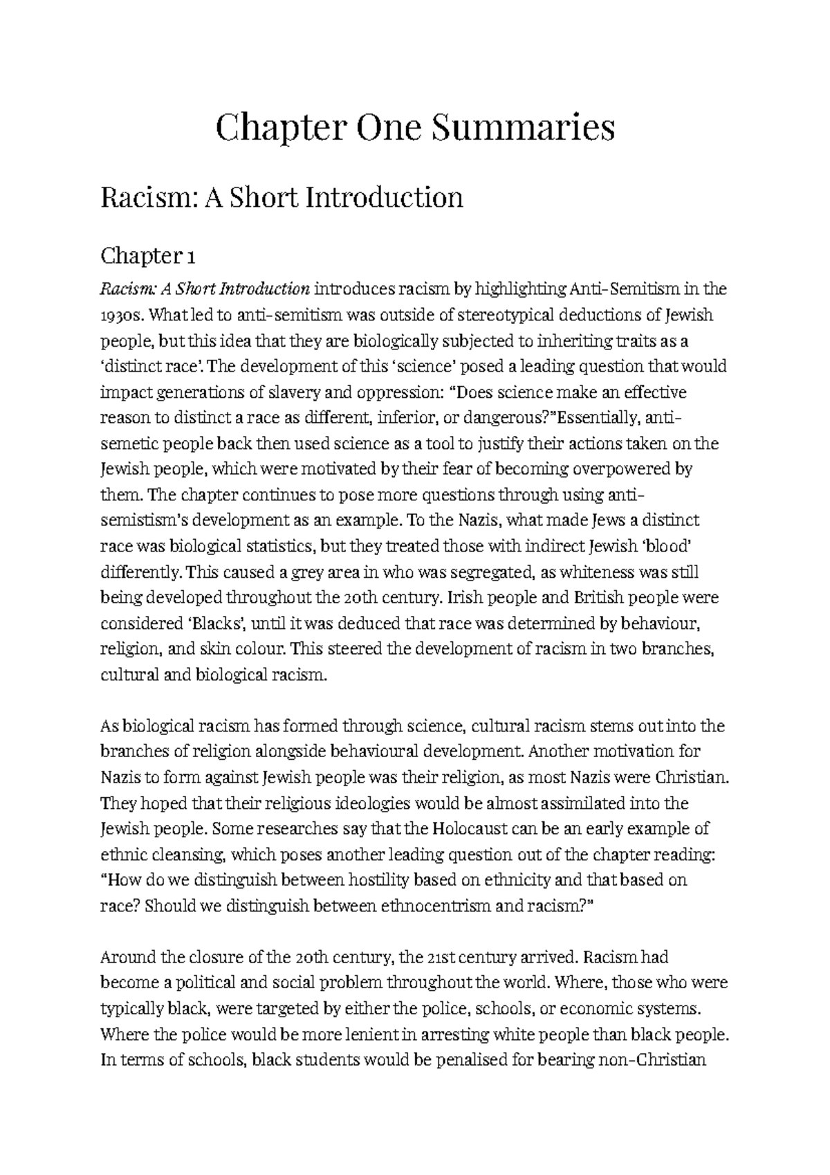 Chapter One Summary - Chapter One Summaries Racism: A Short Introduction Chapter 1 Racism: A ...