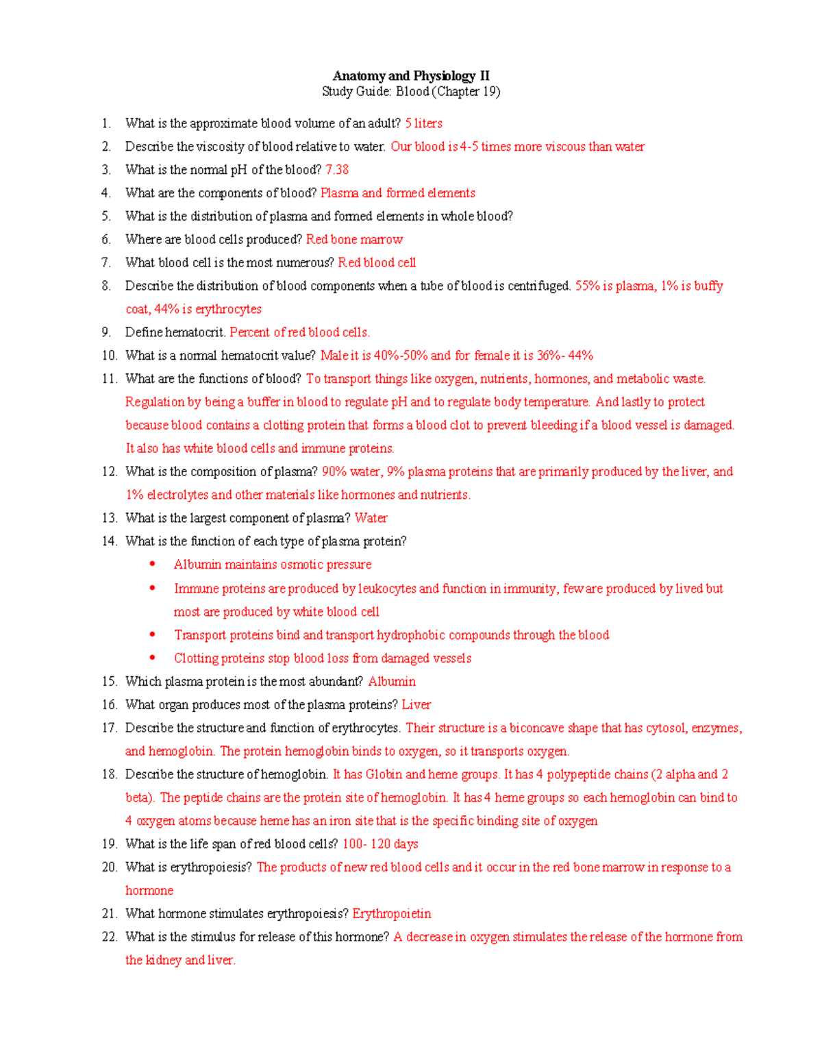 Anatomy and Physiology II - Blood Study Guide - Anatomy and Physiology ...