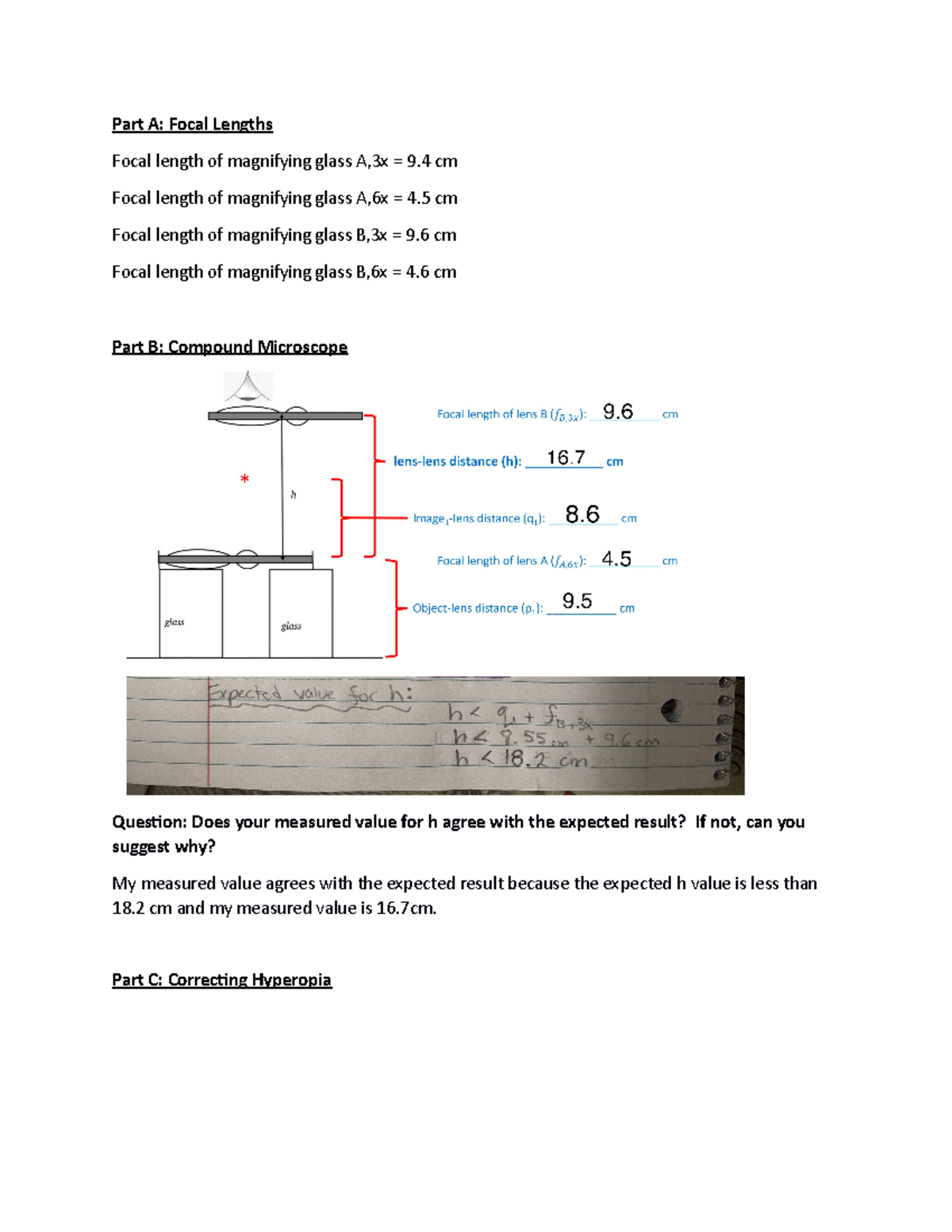 PHYS1070 - Optics Lab - Phys1070 - Part A: Focal Lengths Focal length of magnifying glass A,3x ...