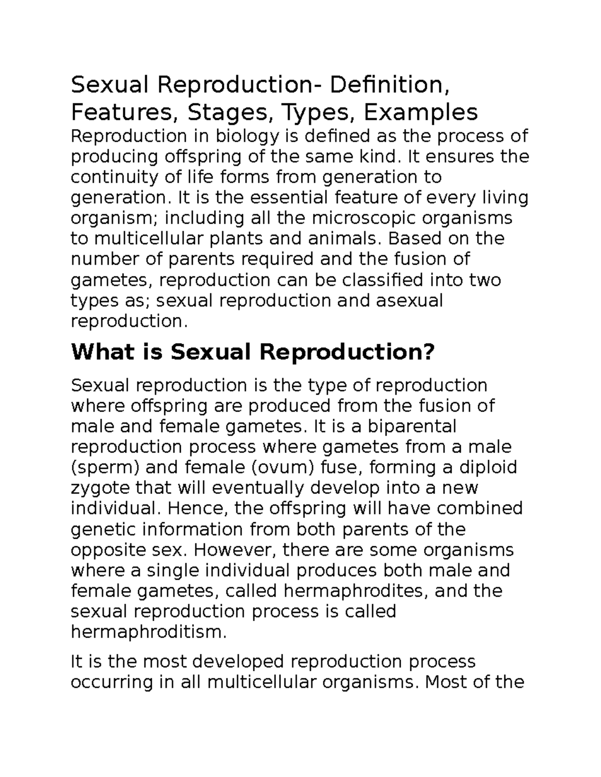 Bio 1 - notes - Sexual Reproduction- Definition, Features, Stages ...