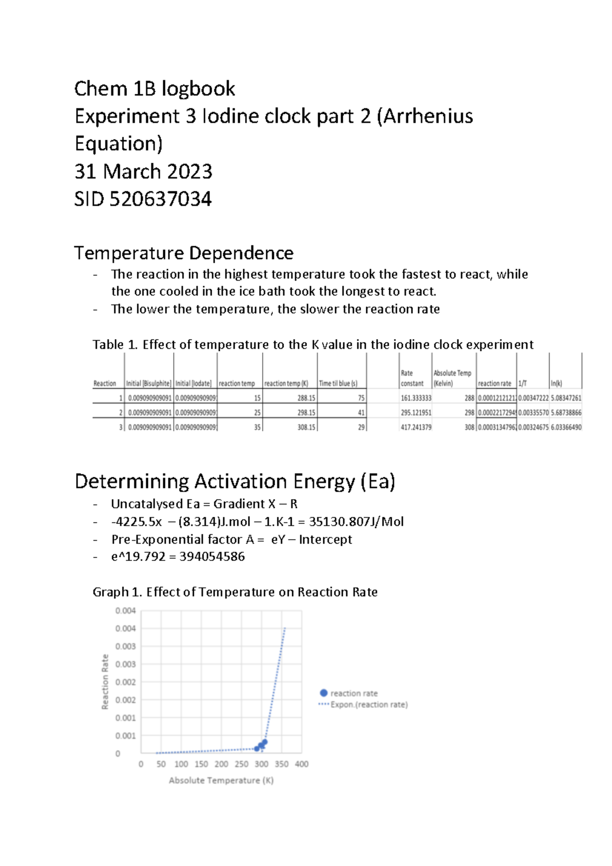 Logbook experiment 3 - Chem 1B logbook Experiment 3 Iodine clock part 2 ...