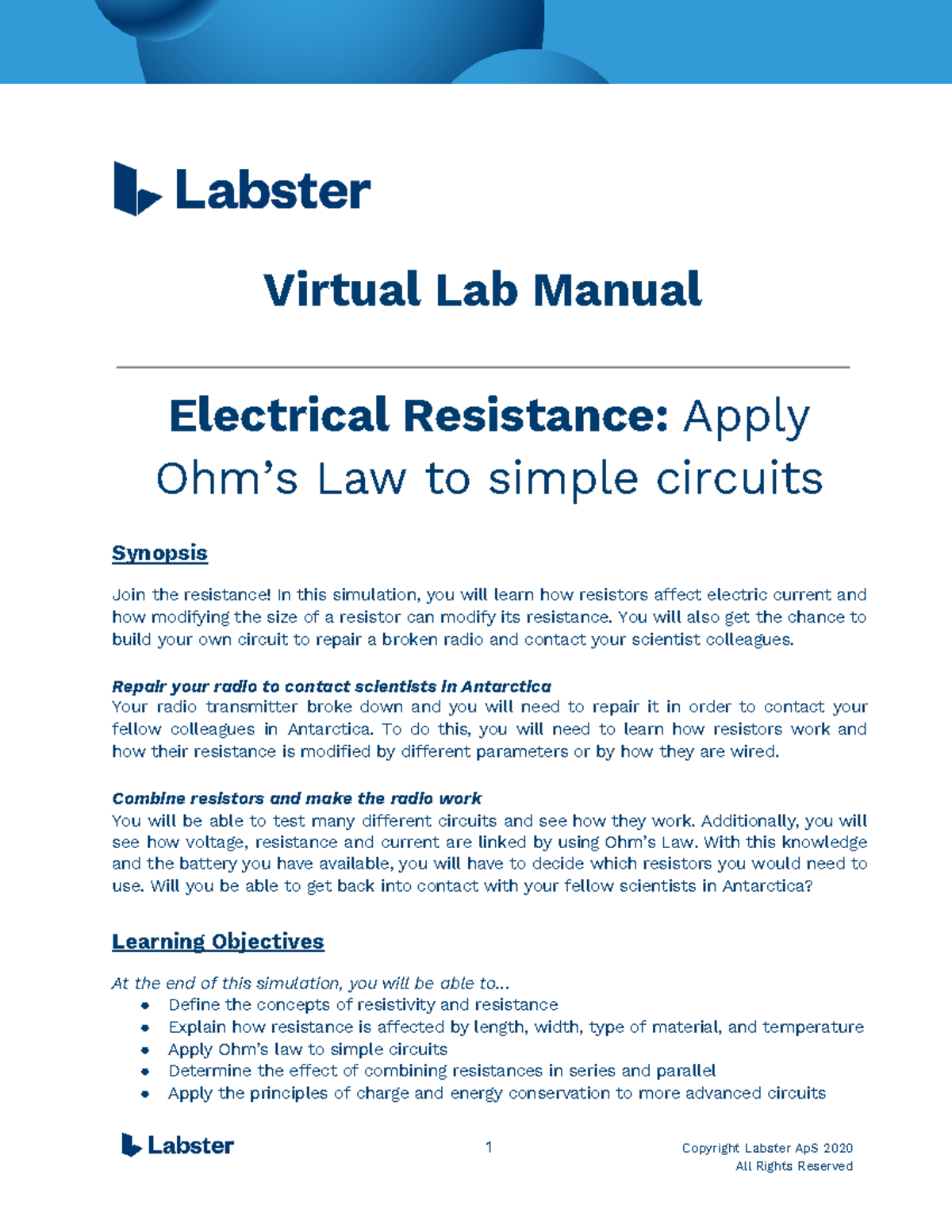 RES Electrical Resistance Apply Ohm s Law to simple circuits Lab Manual ...