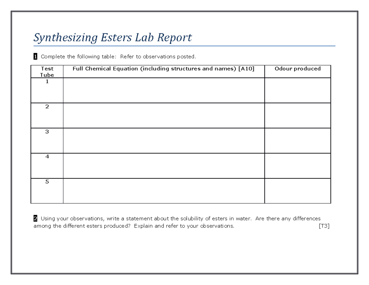 Synthesizing Esters lab v3 - Synthesizing Esters Lab Report 1 Complete ...