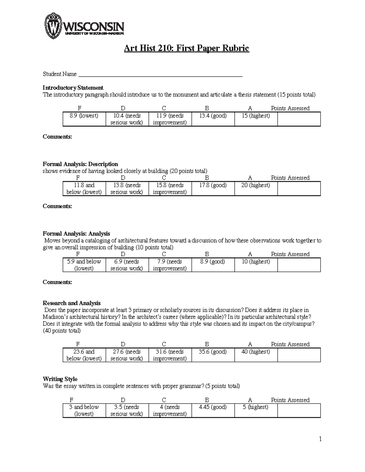 Paper One Rubric-1 - assignments - 1 Art Hist 210: First Paper Rubric Student Name - Studocu